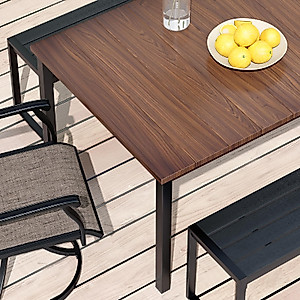 DIFY 3 Pcs Outdoor Furniture Set, Patio Dining Set with Metal Frame Rectangular Picnic Table and Outdoor Metal Backless Benches for Balcony, Poolside and Deck, Walnut