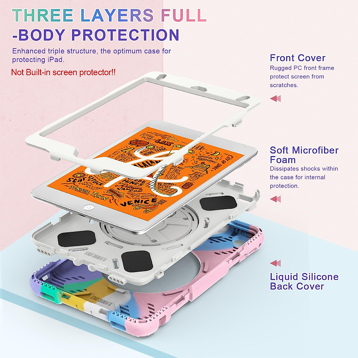 SUPFIVES Case for iPad Mini 5 2019, iPad Mini 4 Case for Kids Military Grade Protective Rugged Case with Shoulder Strap + Kickstand + Pencil Holder for iPad Mini 5th/ 4th Generation 7.9 inch- Rainbow