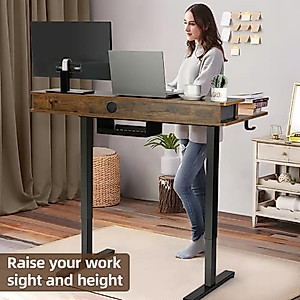 VOWNER Standing Desk Adjustable Height, 48 x 24 Inch Electric Stand up Desk with 2 Drawers and 2 Tier Storage Shelf, Sit Stand Home&Office Desks with 3 Preset Buttons, Rustic Brown Top