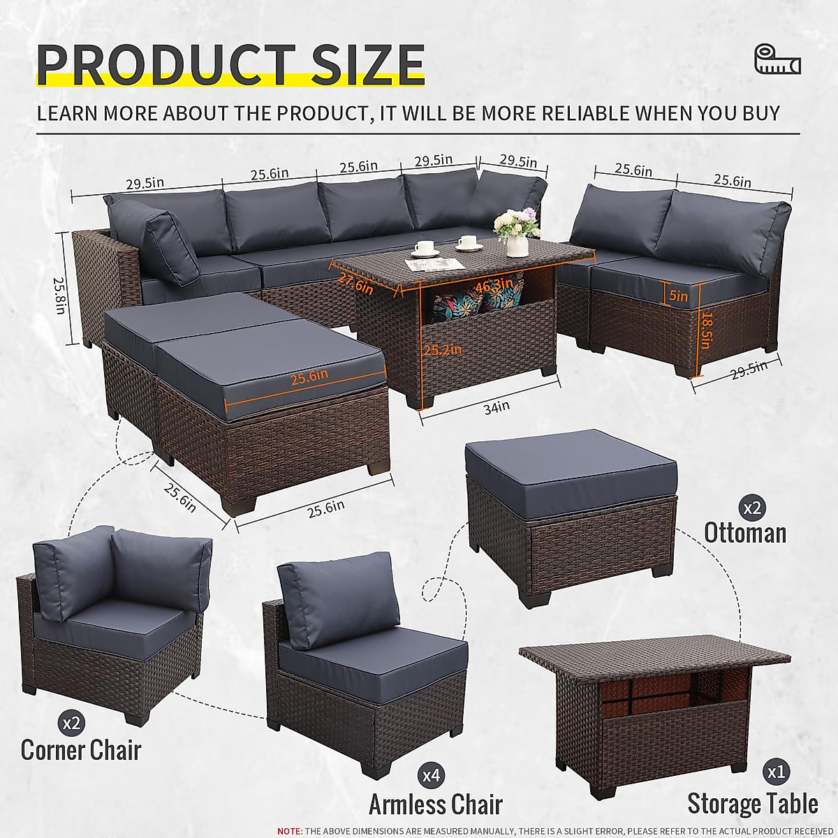 Lviden 9 Pieces Wicker Patio Furniture Set Outdoor PE Rattan Sectional Conversation Sofa Set with Navy Blue Cushions and Storage Table