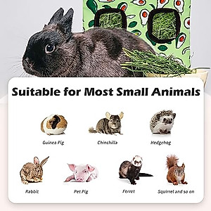 Rabbit Hay Feeder Bag, 2 Pack 2 Holes Guinea Pig Hanging Hay Holder Feeder Storage Dispenser for Cage, Washable for Bunnies Hamsters Chinchilla and Other Small Pets, Ullnosoo Strawberry and Avocado