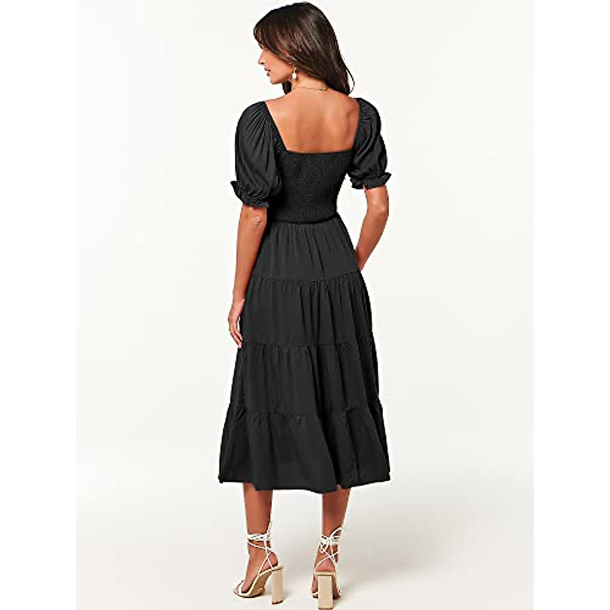ANRABESS Women's Casual Summer Midi Dress Puffy Short Sleeve Square Neck Smocked Tiered Boho 2023 Spring Dresses for Wedding Bridal Shower 877heise-M Black