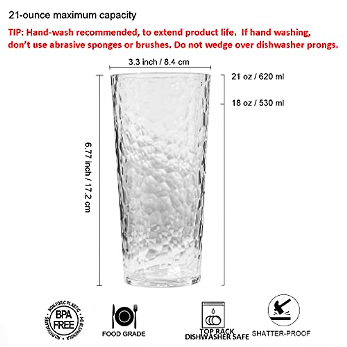 KOXIN-KARLU Mixed Drinkware 21-ounce Plastic Tumbler Acrylic Glasses with Hammered Design, set of 6 Clear