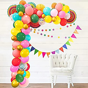 Cinco De Mayo Fiesta Party Decorations - Mexican Themed Balloons Garland Arch Kit + Paper Fans for Birthday Decor Supplies (No Air Pump,Dot&Pennant Banner)