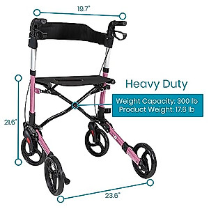 Vive Mobility Rollator Walker - Folding 4 Wheel Medical Rolling Walker with Seat & Bag - Mobility Aid for Adult, Senior, Elderly & Handicap - Aluminum Transport Chair (Pink)