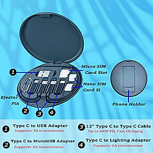 Multi USB Charging Adapter Cable Kit, USB C to Lighting Adapter Box, Conversion Set USB A & Type C to Male Micro/Type C/Lightning, Data Transfer, Card Storage, Tray Eject Pin, Phone Holder (Blue)