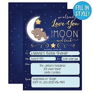 Your Main Event Prints Moon Bear Baby Shower Invites, 20 Count, 5x7, Blue, Premium Heavy-weight Card Stock
