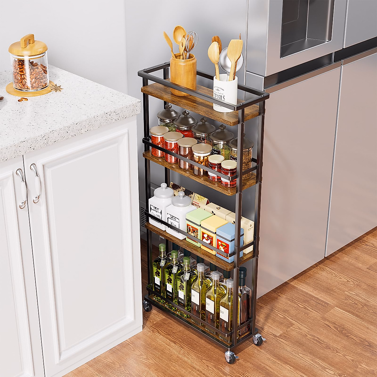 Giwil Slim Storage Cart 4 Tier Narrow Kitchen Rolling Cart on Wheels for Small Space, Mobile Spice Rack Seasoning Organizer Utility Serving Cart for Kitchen Bathroom Laundry, Brown