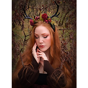 MOSTORY Handmade Dark Antler Flower Headband Fairy Floral Headpiece Black Horns Hairband Medieval Woodland Crown for Renaissance Festival Cosplay Halloween Wedding Fae Ball Masquerade