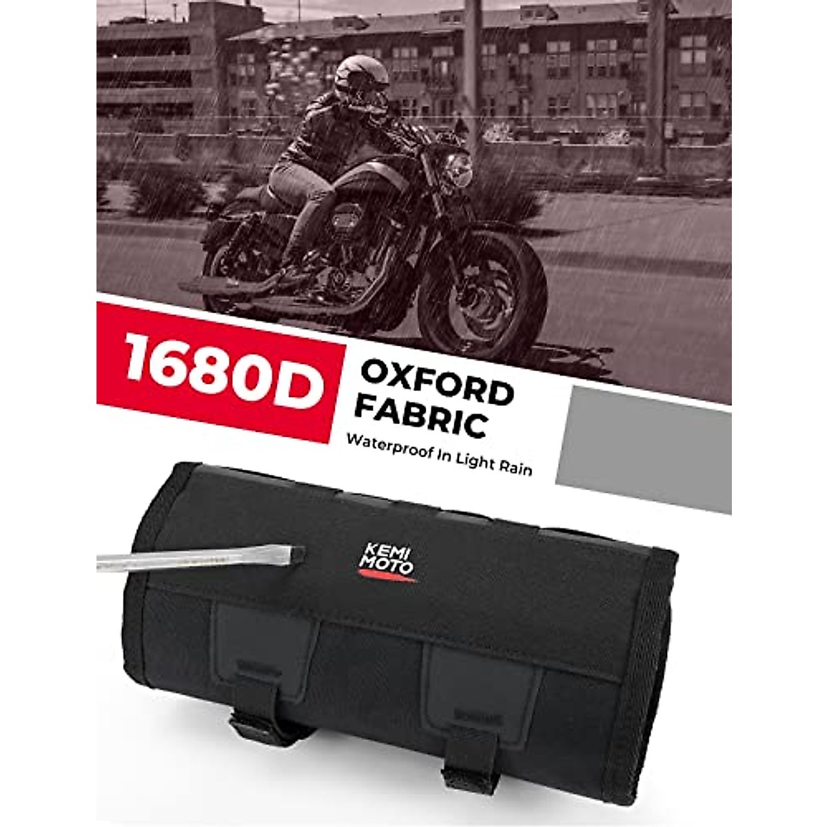 KEMIMOTO Motorcycle Tool Bag [Tool Not Included], Handlebar Tool Roll Black Tool Organizer with Elastic Loops Pockets Durable Tool Pouch for Motorcycles Softail Dyna Sportster