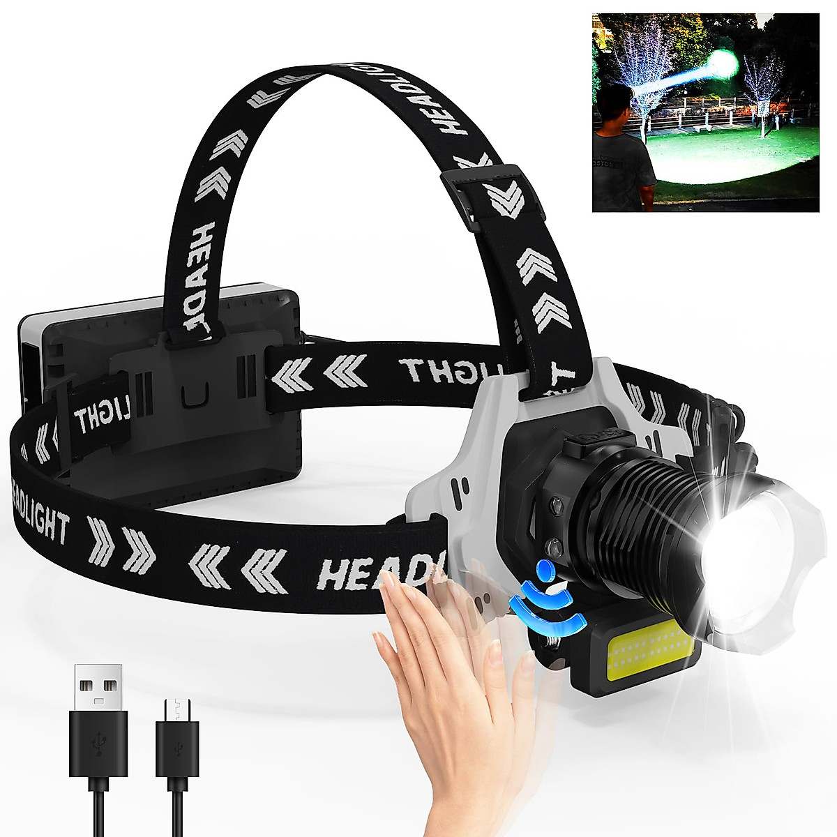 Headlamp Rechargeable LED Head Lamp,200000 Lumens Super Bright LED Head Lamp 180° Adjustable Rechargeable Head Lamp 12 Modes,Motion Sensor Waterproof for Camping