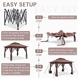 Gazebo, CBBPET 13'x 13' Pop Up Gazebo with Mosquito Netting, Outdoor Gazebo Canopy with Double Roof Tops and 169 Square Feet of Shade for Patio, Group Gatherings, Camping Shelter (Brown)