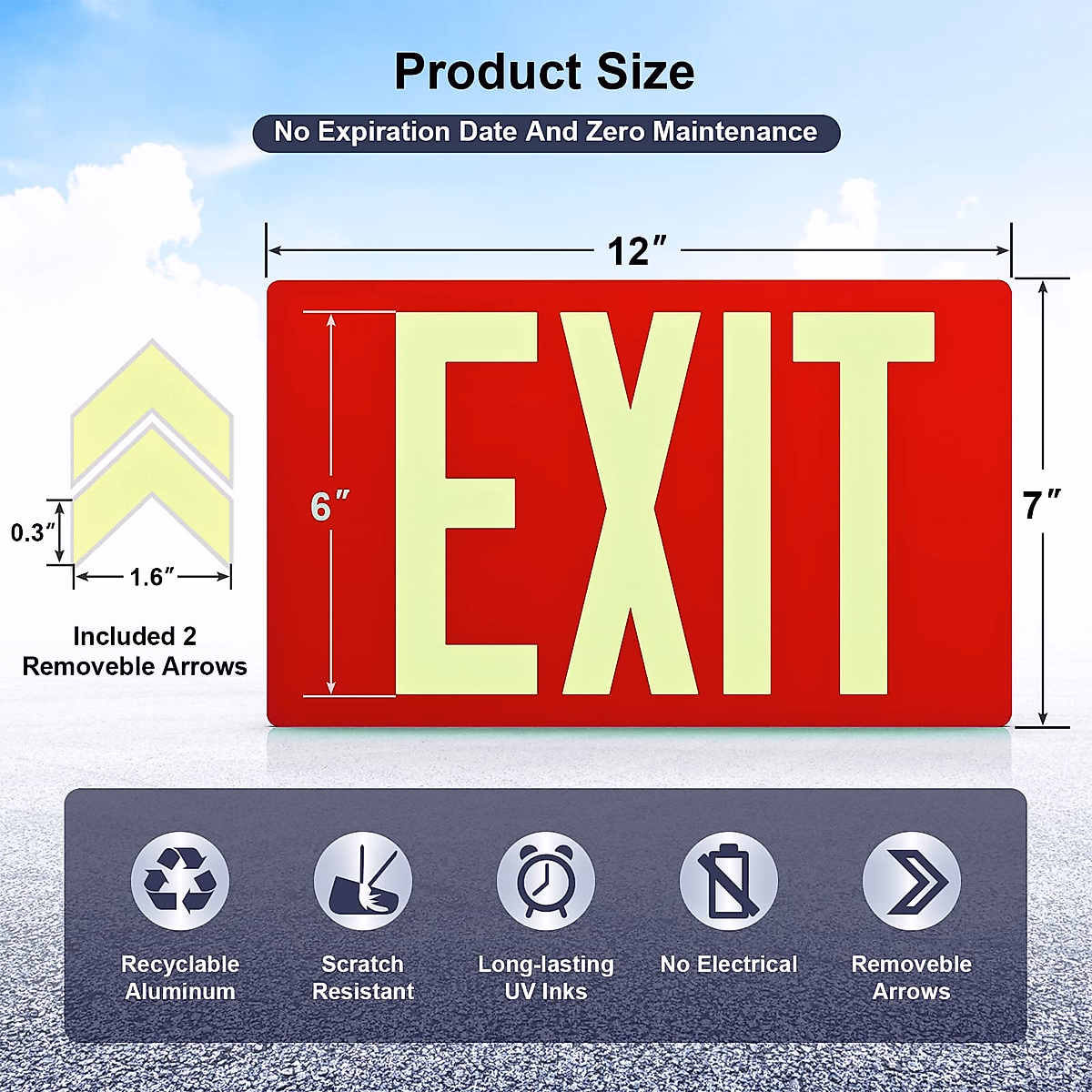 Photoluminescent Exit Sign Aluminum - Adhesive Backing Glow In The Dark - Removable Arrows Included - 12x7 Inches - Non Electrical Red Exit Light For 50 Feet Visibility (1 Pack)