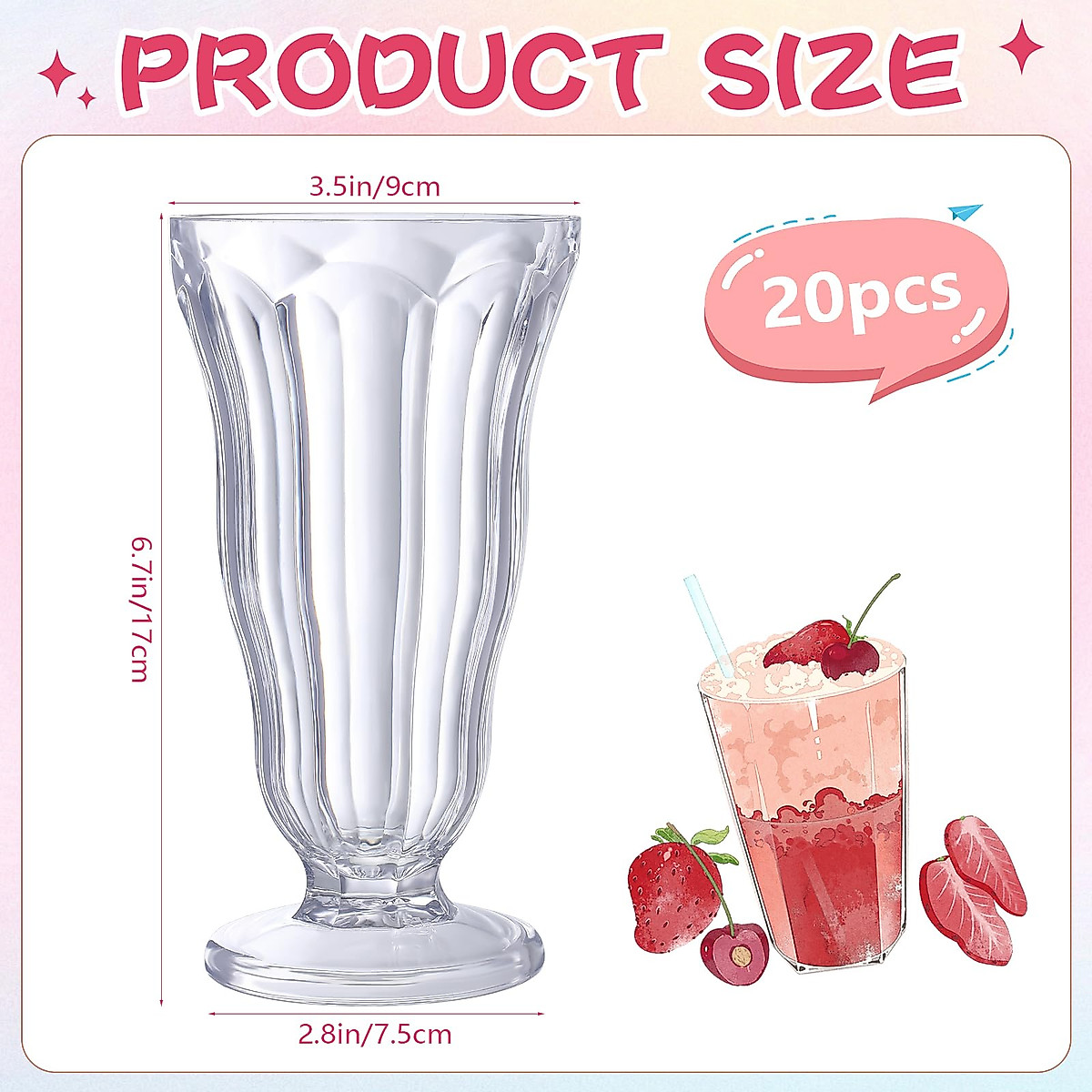 Mifoci 20 Pcs Milkshake Glasses 16 oz Old Fashioned Soda Glass Footed Ice Cream Cups Clear Shatterproof Sundae Glasses Thick Plastic Fountain Glasses for Juice Sundae Milk Tropical Drinks Party