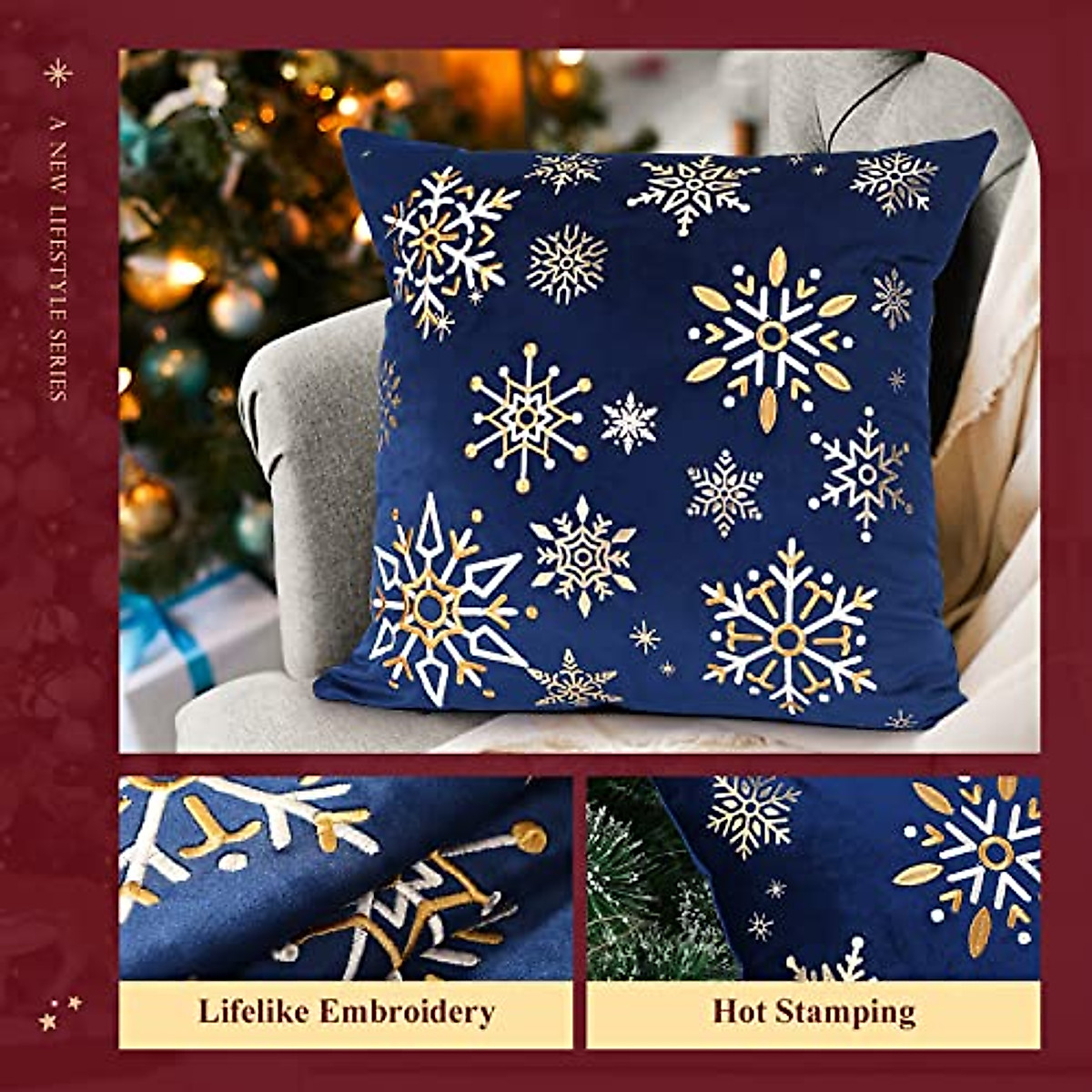 Lewondr Christmas Throw Pillow Covers, Snowflake Embroidery Hot Stamping Pattern Pillowcases Home Xmas Decorative Cushion Covers Soft for Sofa Bed Chair, 2 Pack, Navy Blue