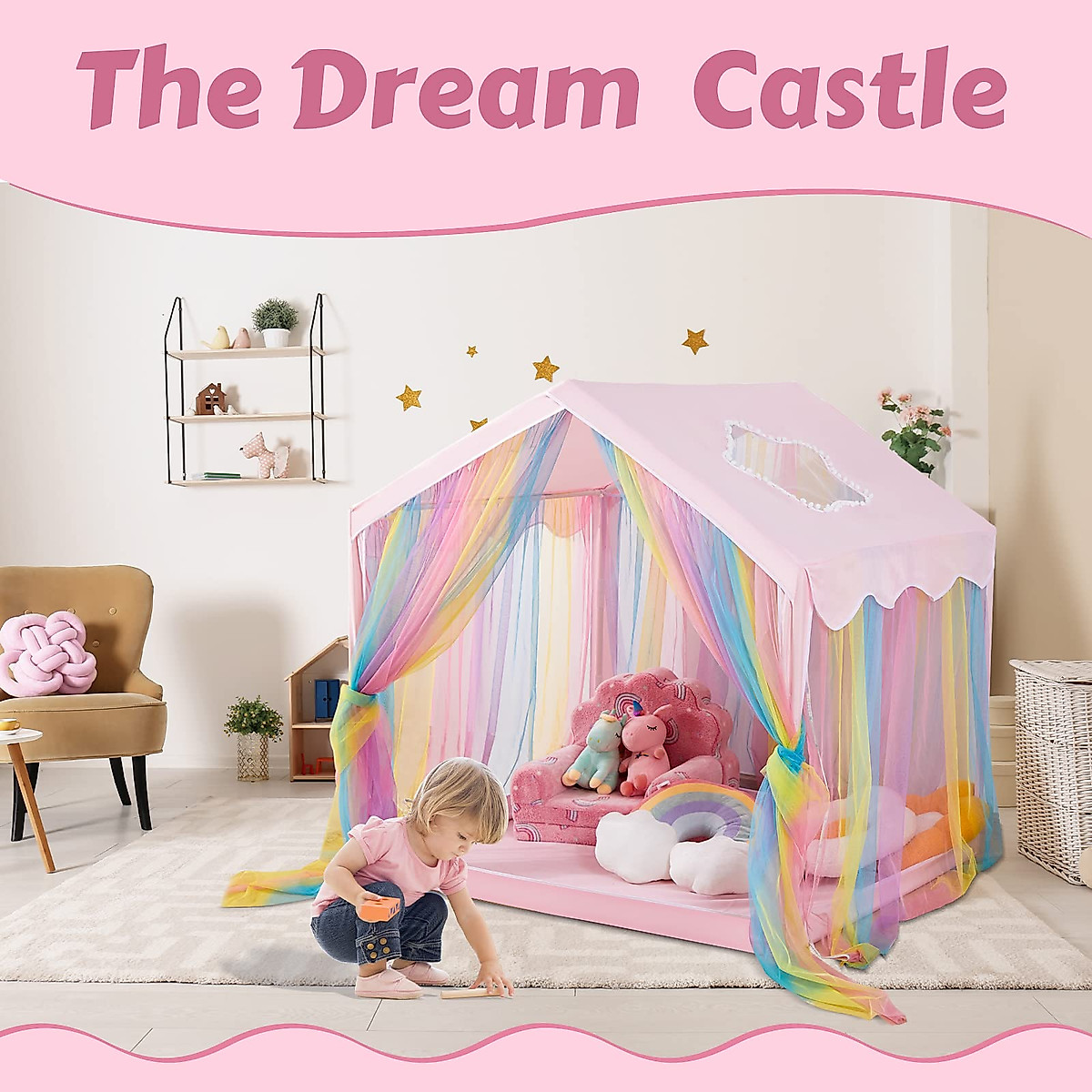 MOOZHEALTH Princess Rainbow Kids Play Tent -Large Castle Playhouse for Girls,Indoor & Outdoor Toddlers Play Tent,Reading Nook Imaginative Games,54x37x52
