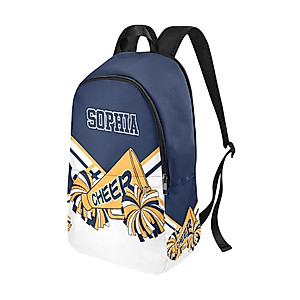 CUXWEOT Personalized Cheerleader Navy Gold White Backpack with Name Custom Travel Bag for women Men