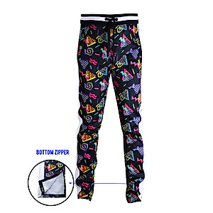 SCREENSHOT-P11904 Mens Hip Hop Premium Slim Fit Track Pants - Athletic Jogger 80's Retro Pattern Print Streetwear Bottoms-Black/Pop-Large