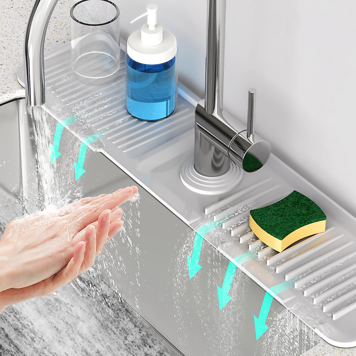 24 Inch Longer Faucet Mat for Kitchen Sink [5°Slope Fast Self-draining]Bathroom Kitchen Sink Splash Guard Silicone Sink Faucet Mat Splash Guard Kitchen Sink Area Tidy Splash Faucet Guard Draining Mat