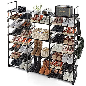 EXQ Home Black Metal Shoe Rack for Closet,8 Tiers Free Standing Shoe Racks for Entryway with Side Hooks,50 Pairs Shoe Rack and Boots Shelf, Tall Shoe Organizer for College Dorm, Door and Garage