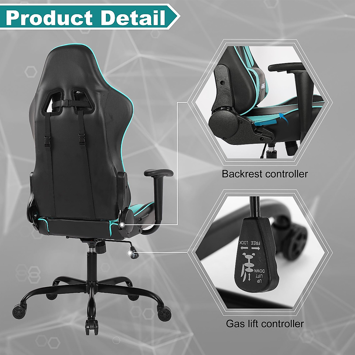 GOTMINSI Video Gaming Chair with Headrest and Lumbar Cushion Adjustable Desk Chair for Office and Study Room Computer Racing Chair with Ergonomic High Backrest (BK/Mint)