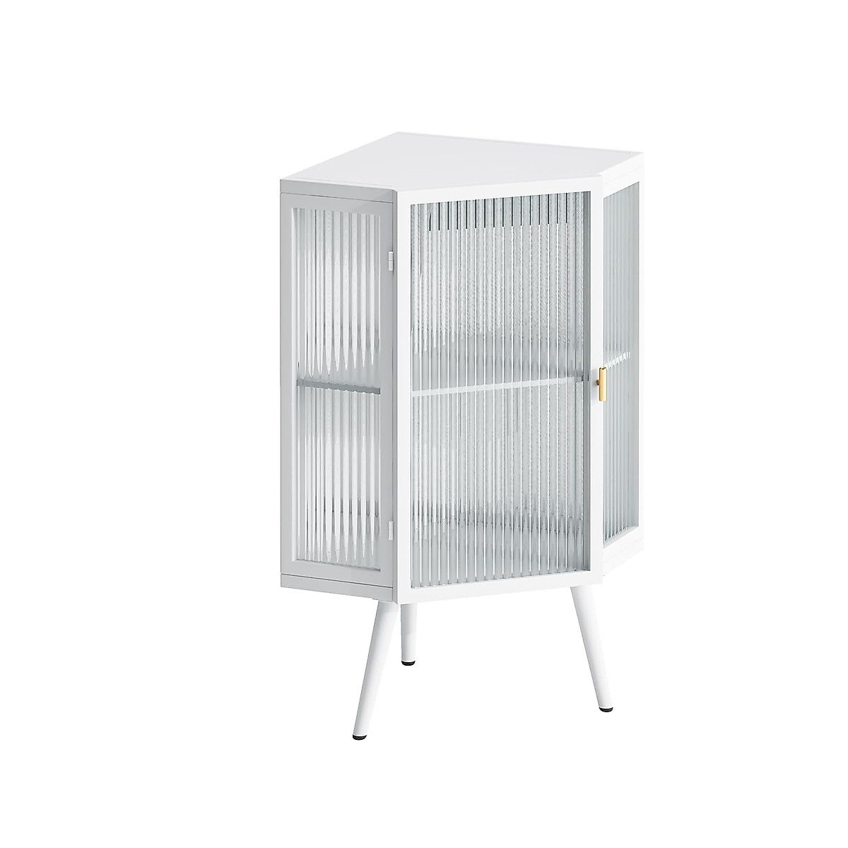 QMIT Corner Cabinet Table with Glass Doors, Small Metal Corner Storage Table ，Corner Hutch Cabinet for Bathroom, Living Room, Bedroom Kitchen (White—2 Tier)