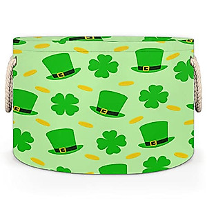 St. Patrick's Day Green Clover Leaves (10) Large Round Baskets for Storage Laundry Baskets with Handles Blanket Storage Basket for Bathroom Shelves Bins for Organizing Nursery Hamper Girl Boy