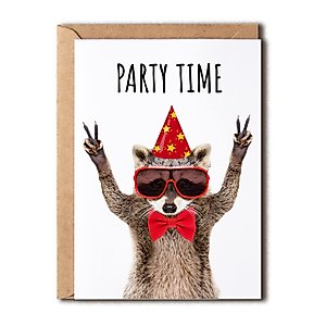 OystersPearl Party Time Birthday Card - Graduation Card Promotion Card Congratulations Portrait Of A Funny Raccoon - Birthday Greeting Card., 5 x 7 inches