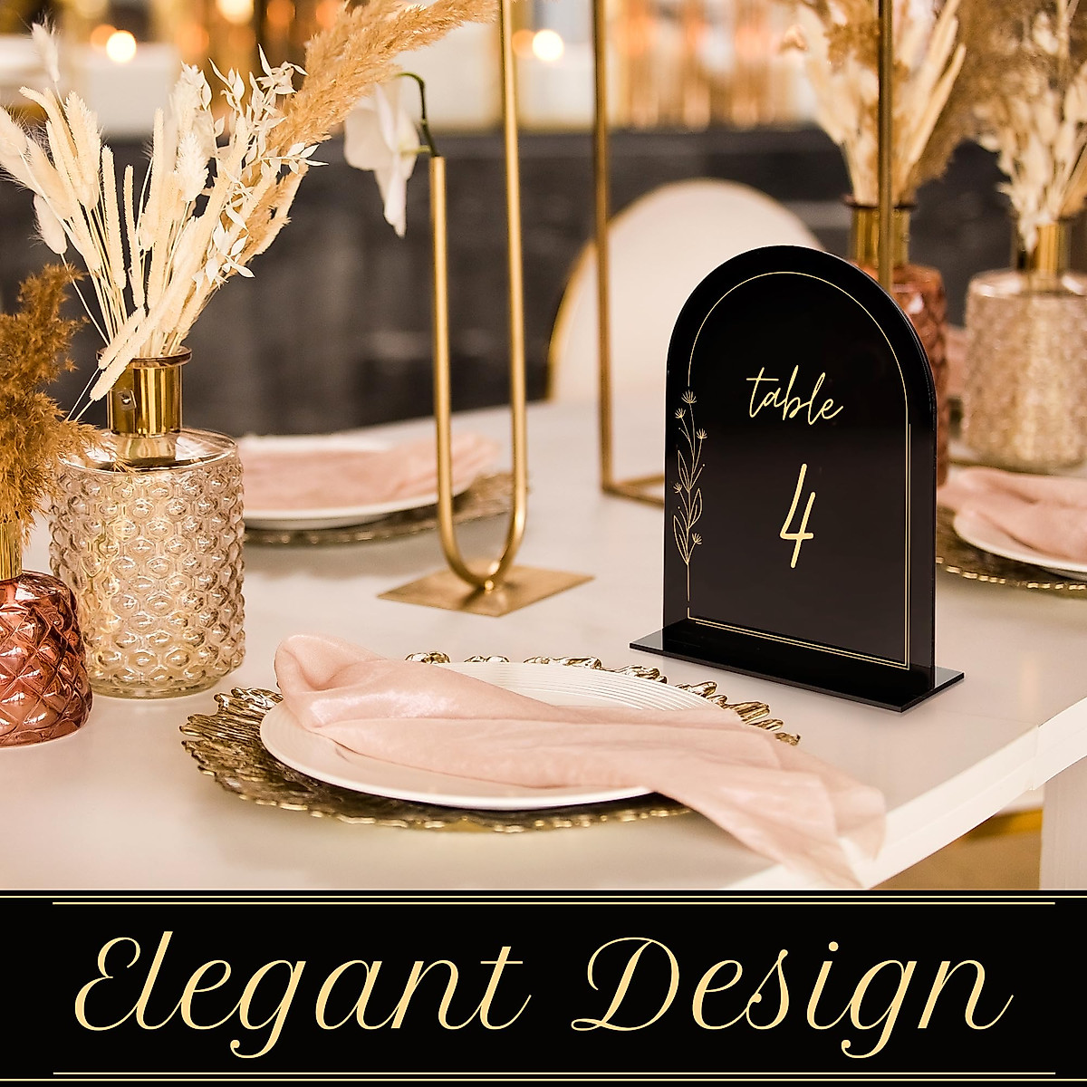 1-10 Black Arched Acrylic Wedding Table Numbers, Gold Print Acrylic Table Numbers for Wedding Reception with Head and Gift Table Number, Floral Gold Table Numbers, Gold Floral Design Table Numbers