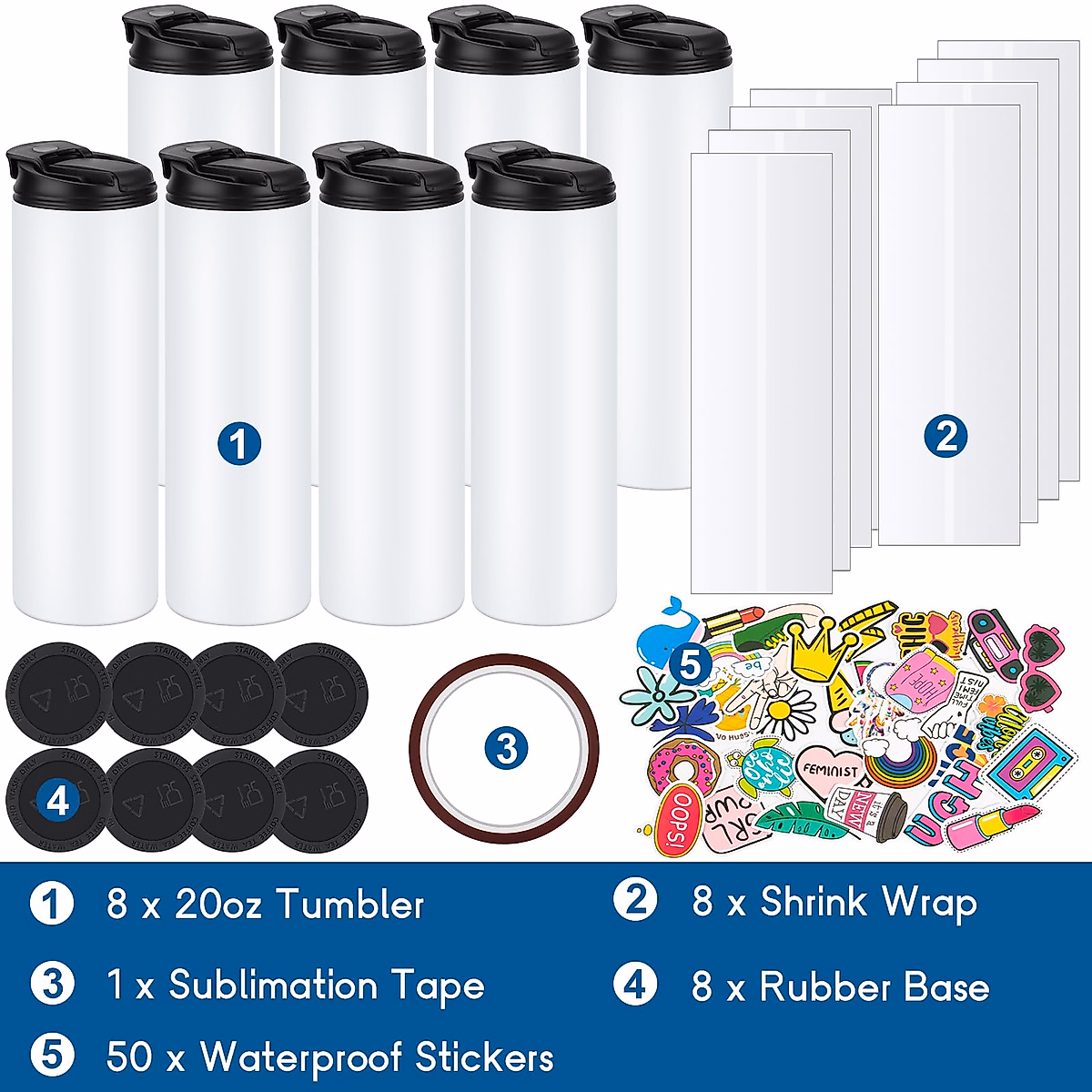 8 Pack 20 oz Sublimation Tumblers Dual Opening Blank Bottles Triple-Insulated Stainless Steel Water Bottle with Straw Lid Blank Tumbler Bulk with Shrink Wrap, Rubber Base, Heat Tape for Heat Transfer