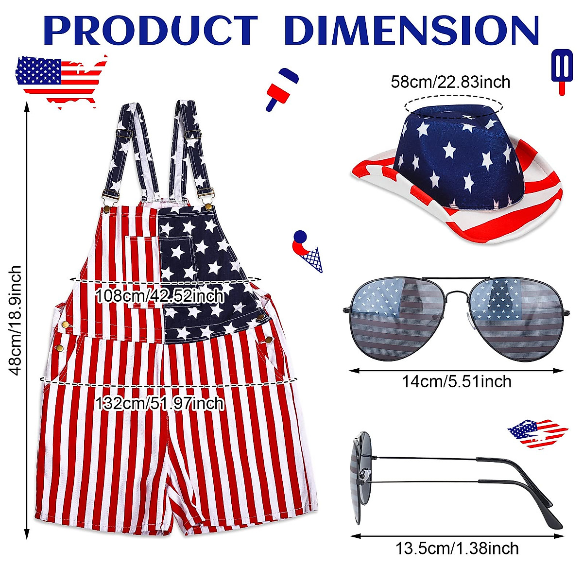 Mepase 3 Pcs American Flag Overalls Bib Set with Denim Patriotic American Flag Print Denim Bib USA America Glasses American Flag Western Hat for Men Women Summer 4th of July Halloween Cosplay