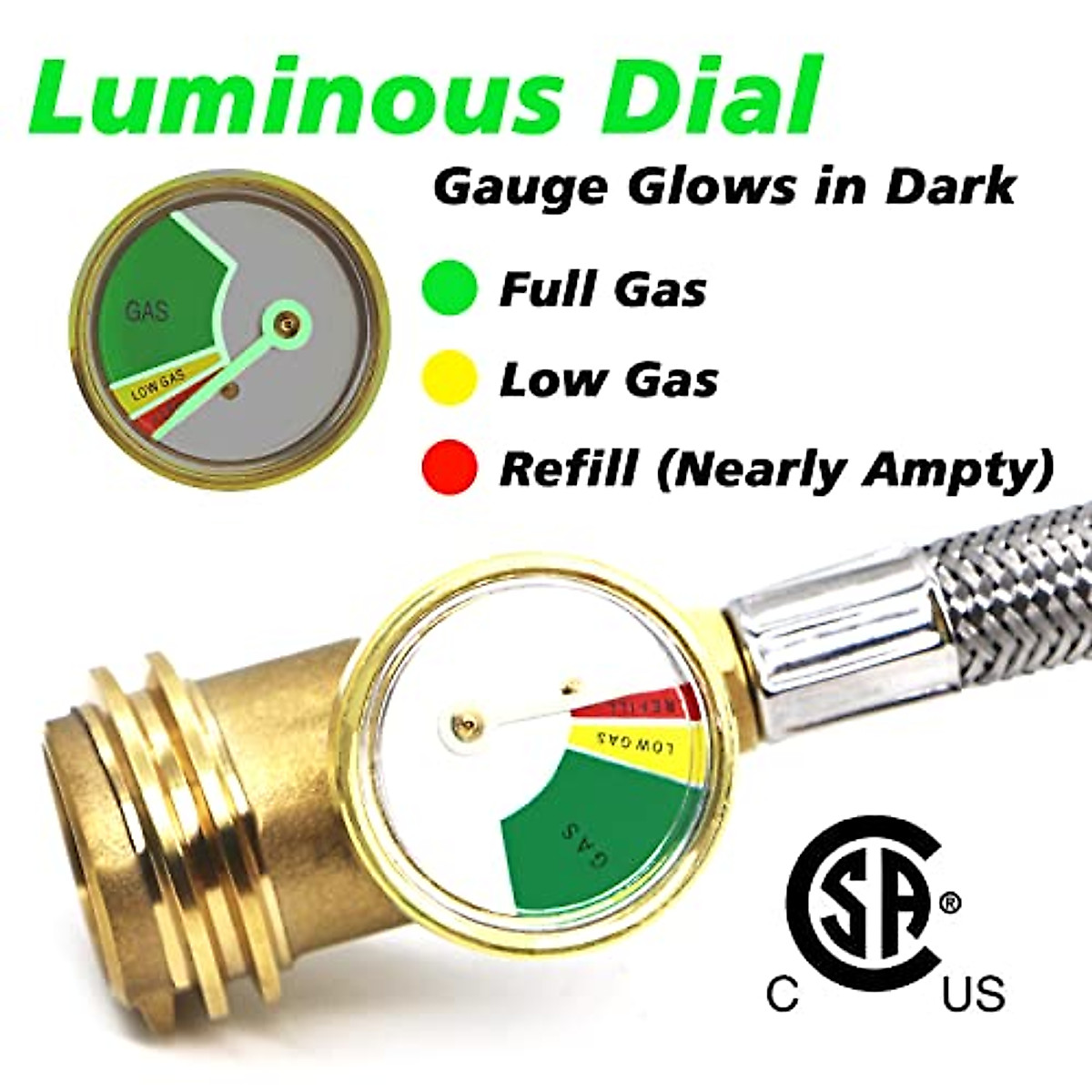 GardenNow Upgraded 12 FT Propane Tank Extension Hose Braided with Gauge, QCC1/Type 1 Tank Extension Hose, Acme to Male QCC/POL Fitting, Leak Detector Replacement for Propane Tank Appliances, Gas Grill