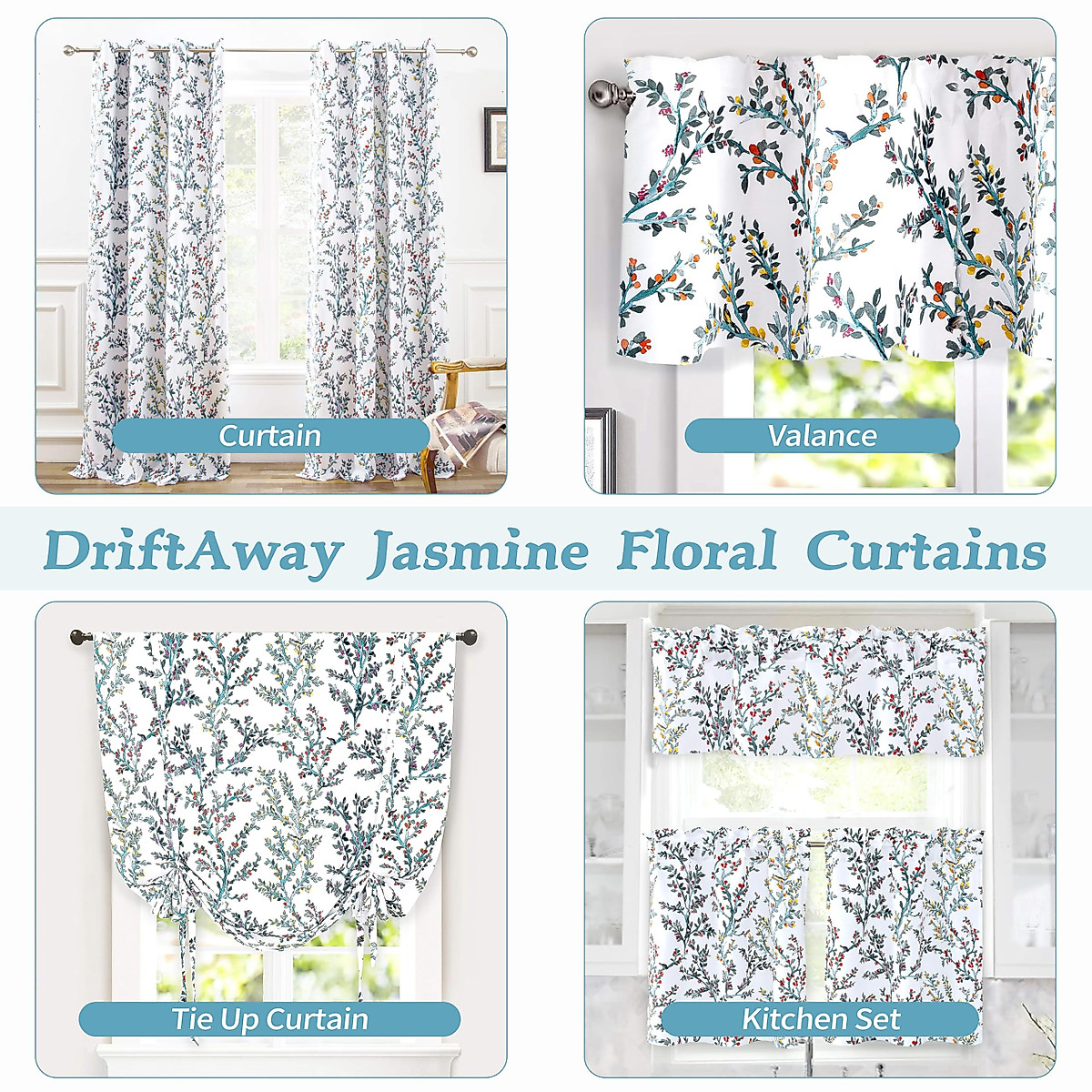 DriftAway Jasmine Watercolor Branch Botanical Thermal Insulated Energy Saving Window Curtain Valance for Living Room Bedroom Kitchen 2 Layers 52 Inch by 18 Inch Plus 2 Inch Header Multi 1 Pack