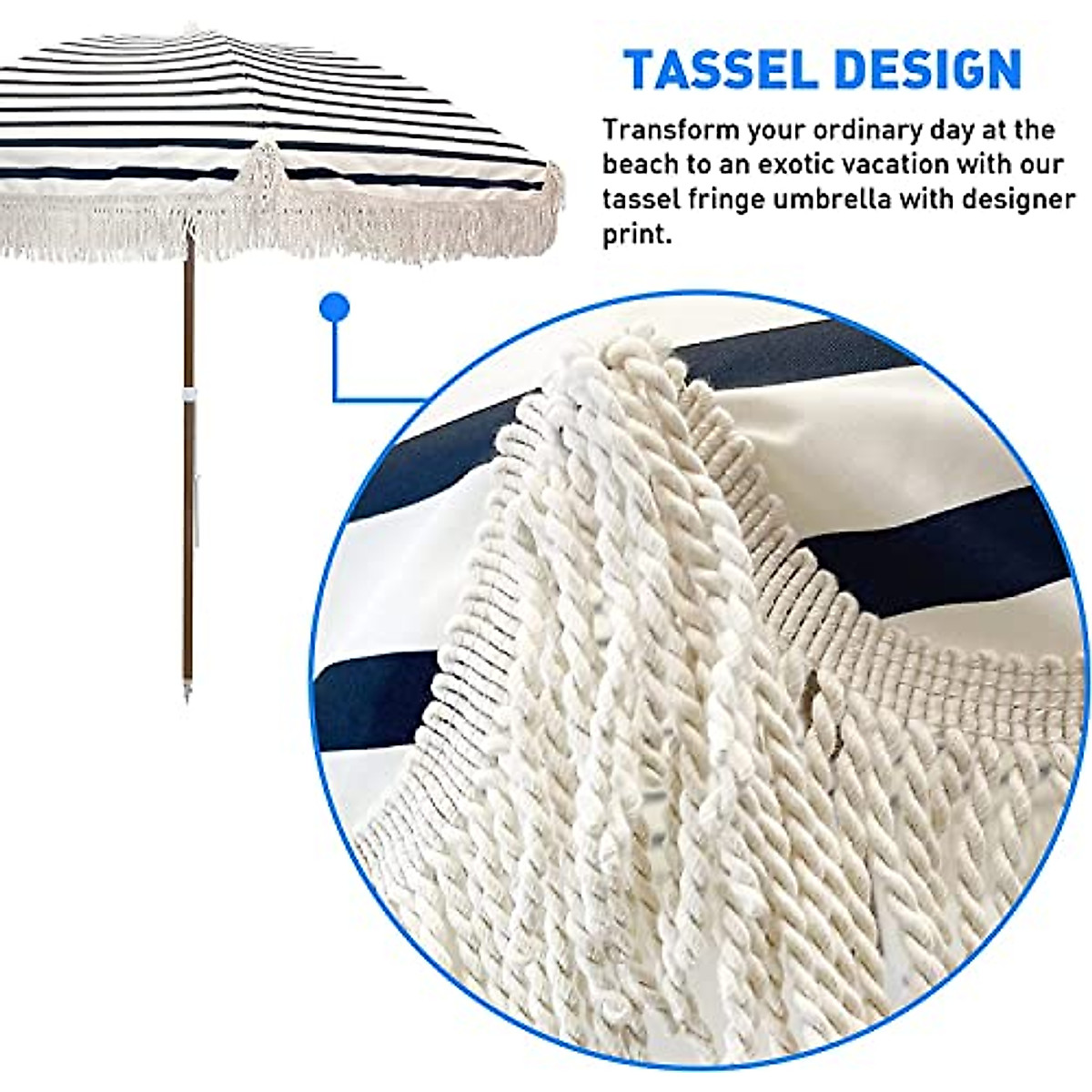 EasyGoProducts 5 Positions-Cupholder-Storage Backpack Chair Lightweight Rustproof Aluminum-Beach Umbrella 7 Foot – UPF 50+ UV Sun Protection-Tilt Function – Carry Bag, Tassel Deluxe Combo