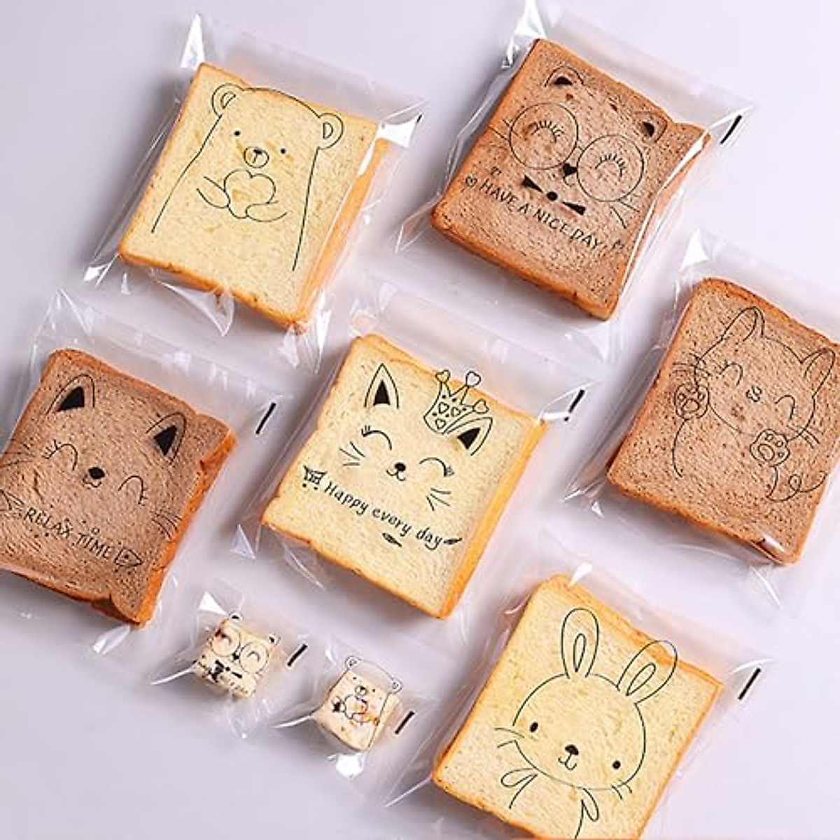 100 Pcs Cookie Packaging Bags, Animal Printing，Sliced Bread, Donut Packaging, Transparent Self-sealing Cellophane, OPP Packaging Bags, Gift Pack (5.9×7.1 inches 3 kinds of small animals)