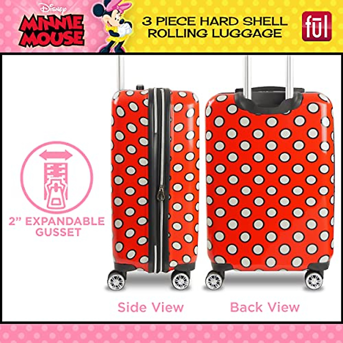 FUL Disney Minnie Mouse 3 Piece Set Rolling Luggage, Polka Dot Printed Hardshell Suitcase with Wheels, 21, 25 and 29 Inch, Red (FCFL0153-603)