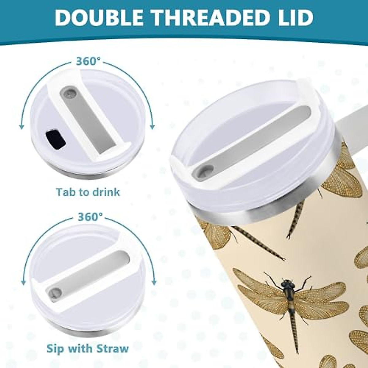 DIGTIA Stainless Steel Insulated Tumbler w/Handle & Straw, Dragonfly Double Wall Vacuum Travel Coffee Mug Cup w/Lid, Leak-Proof Sports Beige Water Bottle,40oz