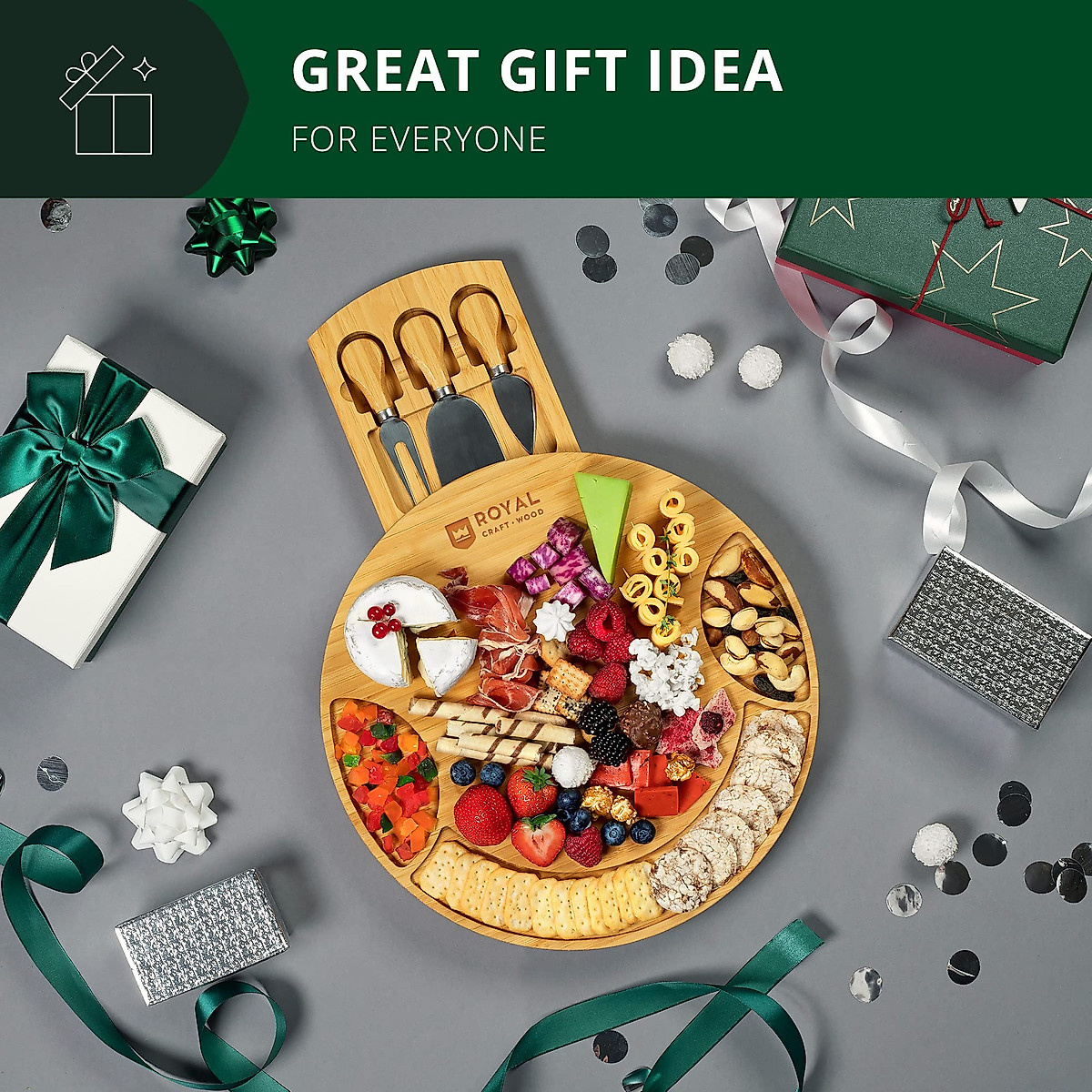 ROYAL CRAFT WOOD Bamboo Cheese Large Round Board and Knife Set with Charcuterie Board & Serving Tray Non - Expandable