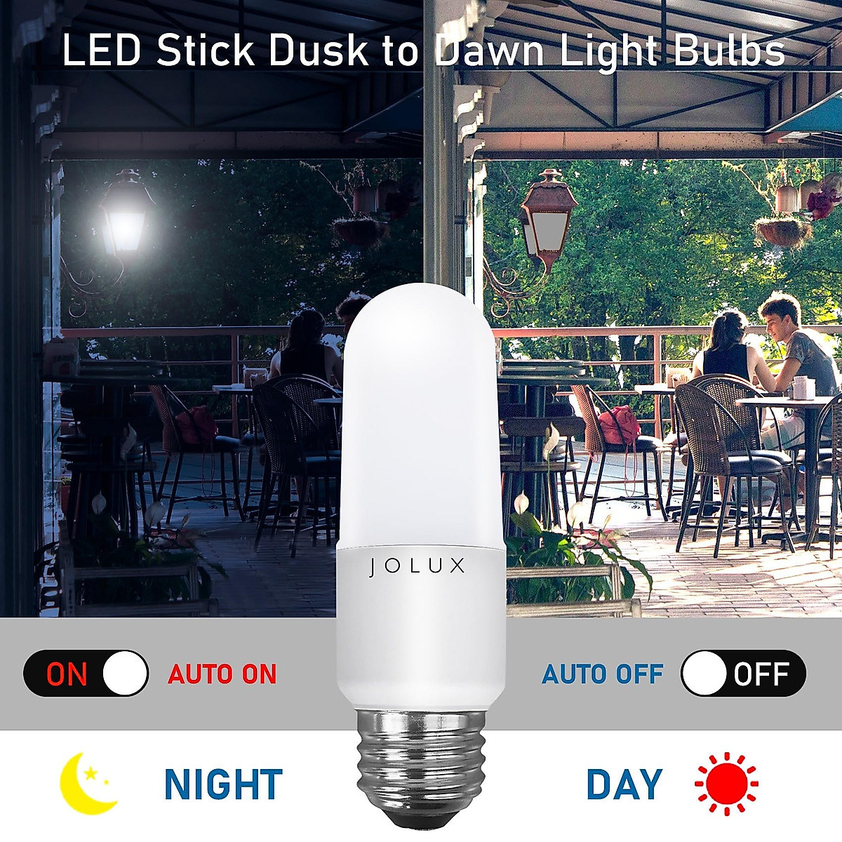 Jolux 2-Pack LED Stick Dusk to Dawn Light Bulbs,40W Equivalent, Daylight (5000K), 650lm, Auto On/Off,for Outdoor Enclosed Fixture LED Bulbs,Damp-Proof Rated, E26 Medium Base