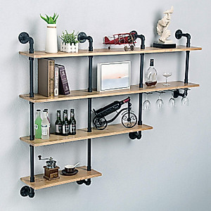 4-Tiers 63inch Industrial Pipe Shelving,Rustic Wooden&Metal Floating Shelves,Home Decor Shelves Wall Mount with Wine Rack,Black