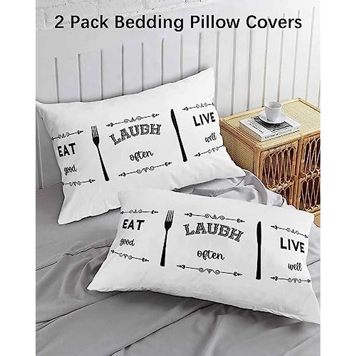 Edwiinsa Black Knife and Fork Eat Laugh Live Pillow Covers Standard Size Set of 2 20x26 Bed Pillow, Rustic White Plush Soft Comfort for Hair/Skin Cooling Pillowcases with Envelop Closure