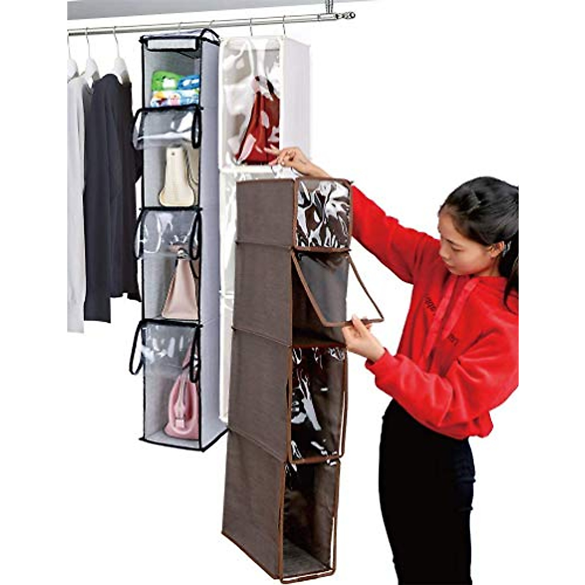 Dearjana 4 Tier Handbag Purse Organizer with Dustproof Cover, Foldable Hanging Closet Wardrobe Storage Shelves Closet Storage System for Living Room Bedroom Home Use, Grey