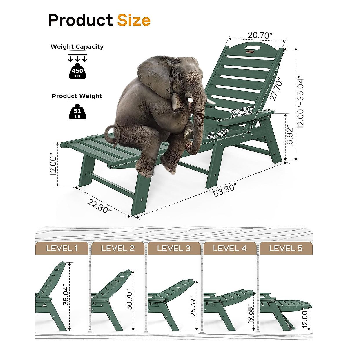 Ciokea Chaise Lounge Chair Outdoor with Wood Texture, Adjustable 5-Position Chaise Lounge Outdoor, Patio Lounge Chair for Poolside Backyard, Green