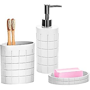 White Bathroom Accessories Set - Decorative 3-Piece Bathroom Accessory Set Includes: Soap Dispenser, Toothbrush Holder and Soap Dish - Rust-Resistant Bathroom Sets Accessories (Polar)