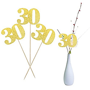 12 PCS Glitter 30th Birthday Centerpiece Sticks Number 30 Cake Toppers Thirty Table Flower Topper Decorations for 30th Birthday Anniversary Party Centerpiece Supplies Gold