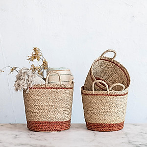 Creative Co-Op Woven Seagrass Baskets with Stripes and Handles, Natural and Brown, Set of 3