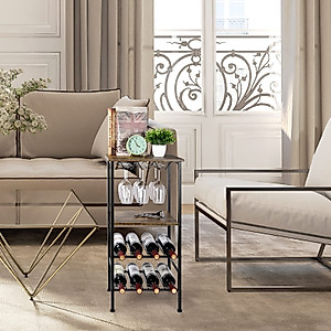 ETELI Wine Rack Table Freestanding Floor Wood Wine Bottles Storage with Shelves Hold 8 Wine Bottles and 9 Goblets Industrial Small Wine Display Stand for Dining Room Kitchen,Brown