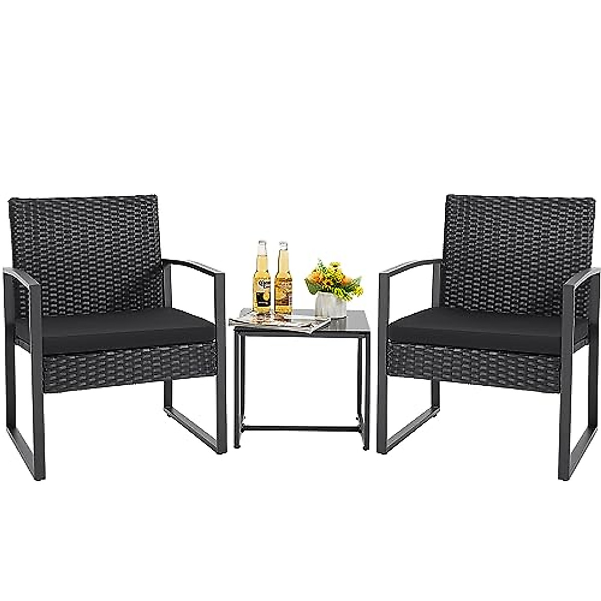 GUNJI Patio Furniture Sets 3 Pieces Outdoor Conversation Set with Coffee Table Patio Wicker Rattan Chairs Set Bistro Sets for Garden, Yard, Lawn, and Balcony (Black)