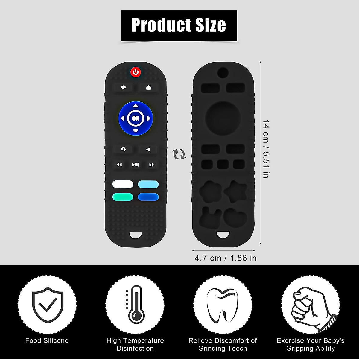 Silicone Baby Teething Toy Remote Control Shaped Baby Teether with a Cute Pacifier Clip Chain Soft Baby Chew Toys Early Sensory Education Molar Toy for Babies 3-18 Months (Black)