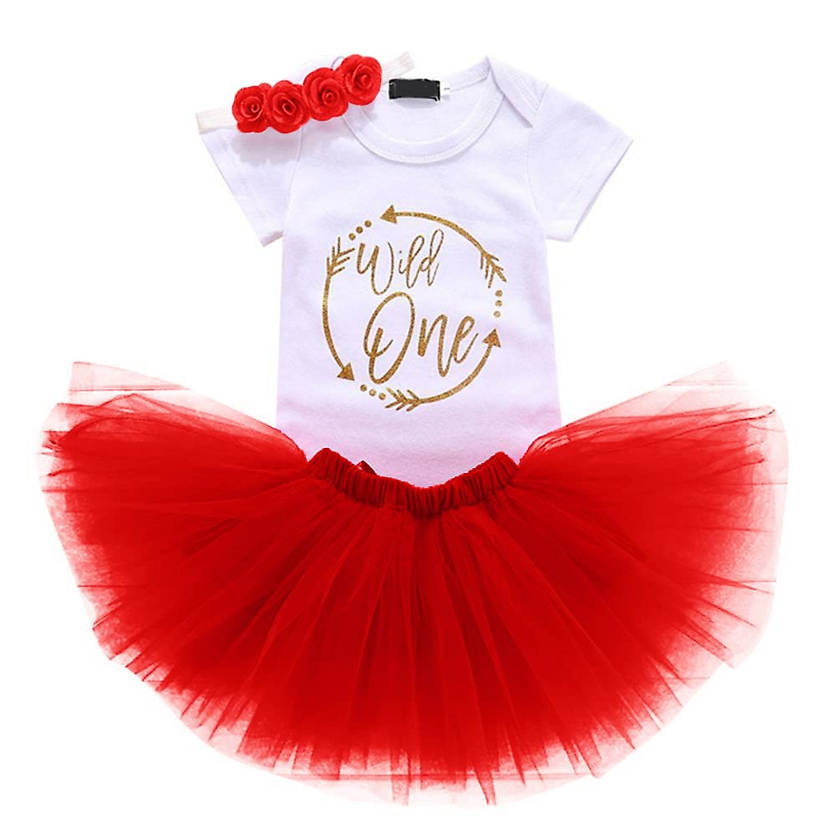 IBTOM CASTLE Baby Girl 1st Birthday 3pcs Crown Floral Boho Clothes Headband & One Piece Bodysuit Jumpsuit Onesies & Layered Tulle Skirts Princess Photo Shoot Costume Red Arrow Wild One Outfits 1Y